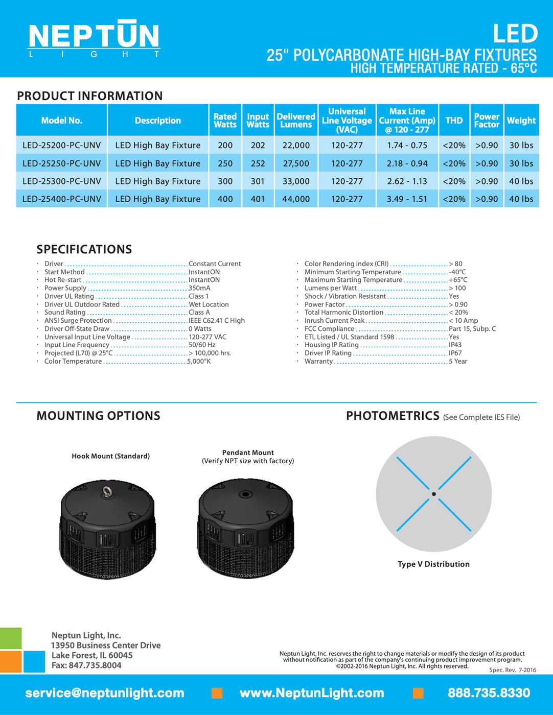 Neptun Light - LED - 25-inch - Polycarbonate High Bay Fixture - High-T