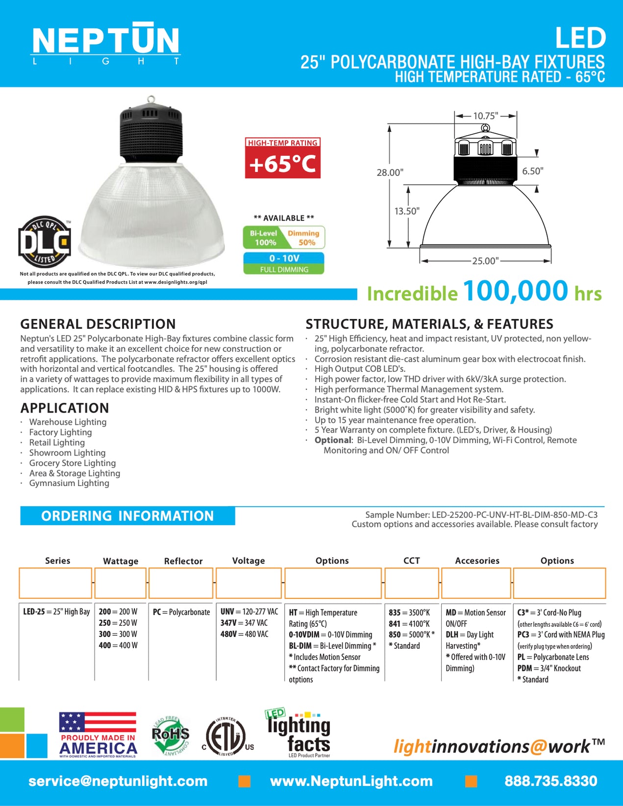 Neptun Light - LED - 25-inch - Polycarbonate High Bay Fixture - High-T